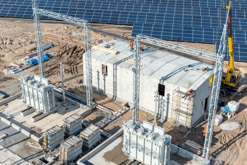 Transformers and Substation on the Background of Solar Panels Stock ...