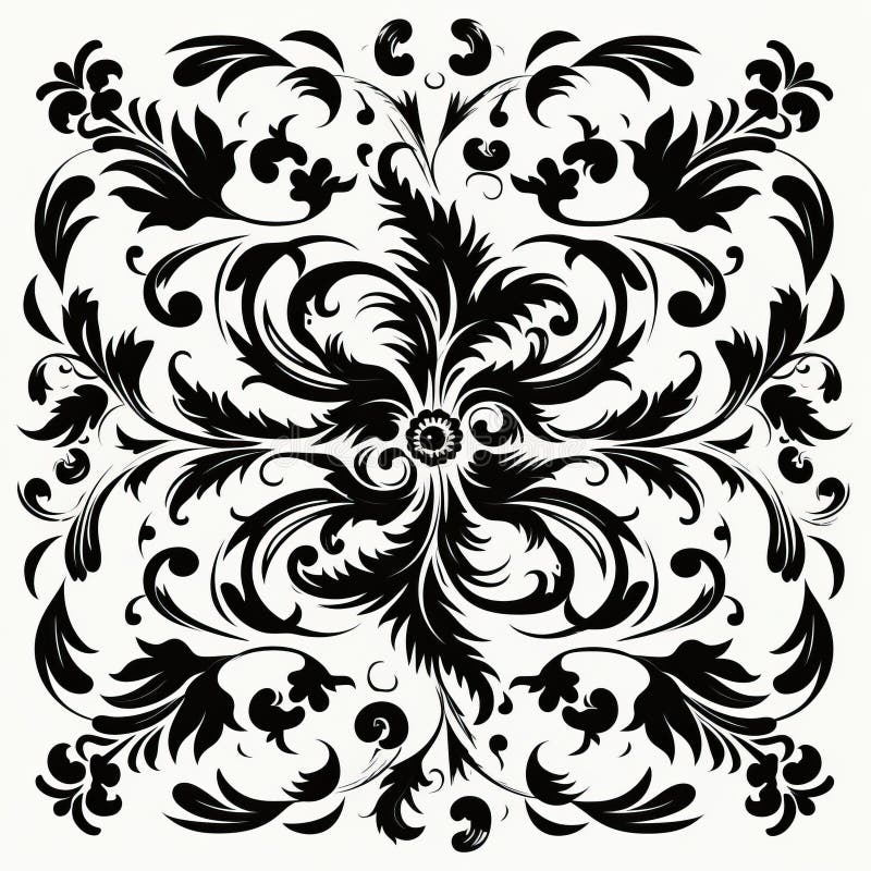 Transitional Black Gothic Rococo Floral Design on White Background ...