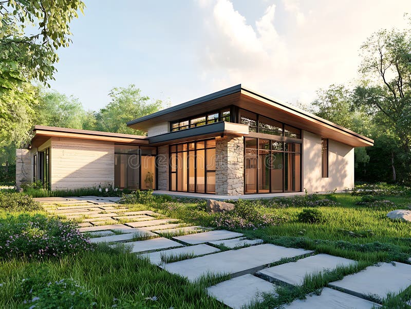 Transitional Exterior with Modern Roof and Soft Tones Blending Stock ...