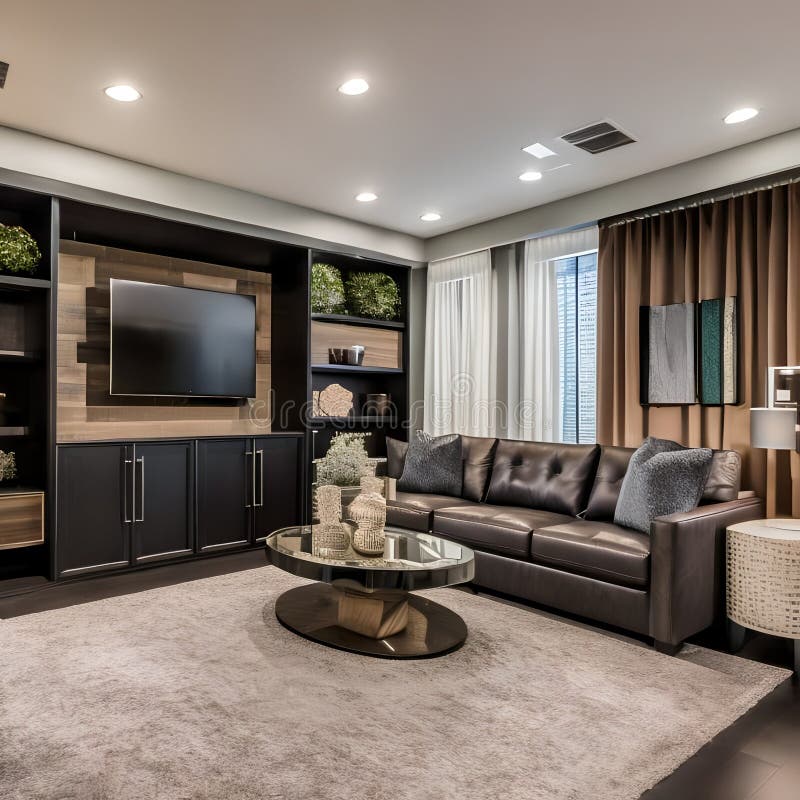 19 a Transitional-style Family Room with a Sectional Sofa, a Built-in ...