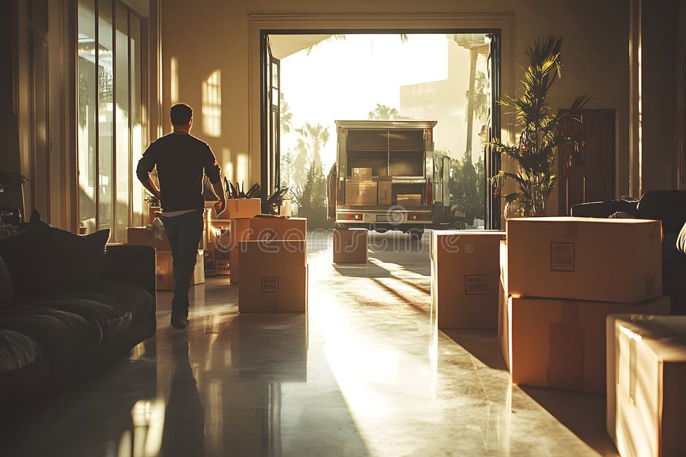 Transitioning Spaces: a Moving Truck and Unpacked Boxes Stock Photo ...
