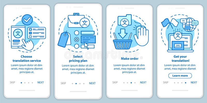 Translation Service Process Blue Onboarding Mobile App Page Screen with ...