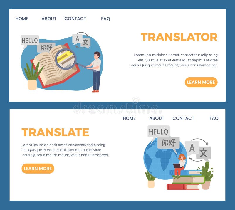 Translator, Landing Page Template, Vector Banner in Flat Cartoon Style ...