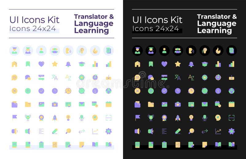 Translator and Language Learning Flat Color Ui Icons Set for Dark ...