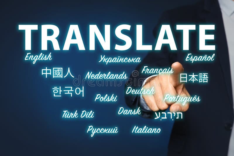 Translator Pointing at Virtual Screen with Names of Different Languages ...