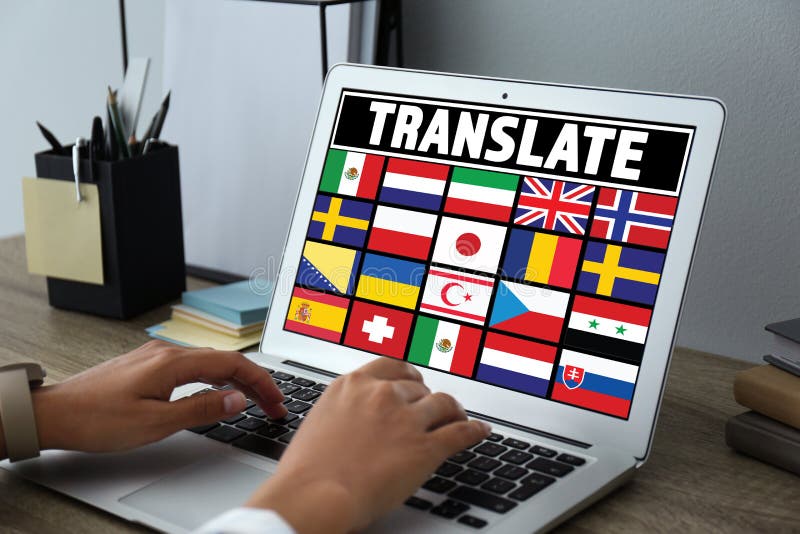 Translator Using Modern Laptop with Images of Different Flags on Screen ...