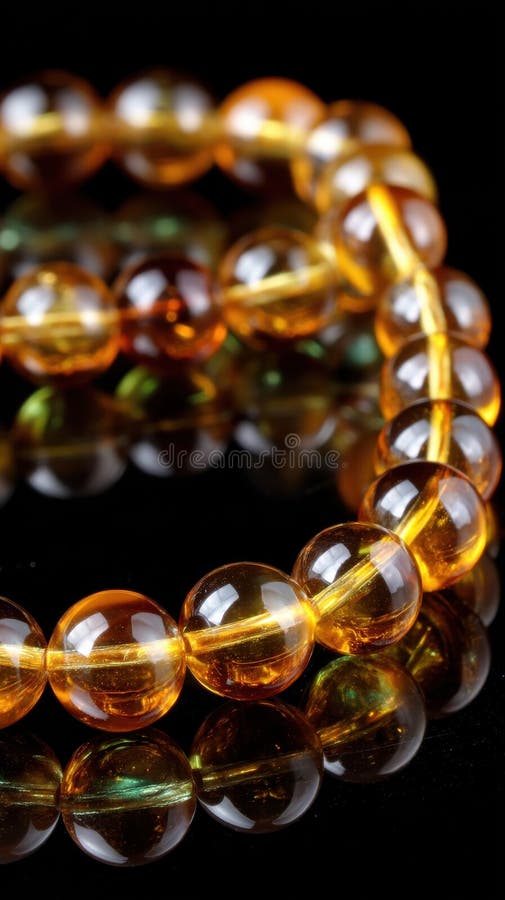 Translucent Amber Beads Sparkling in Light on Reflective Black Surface ...