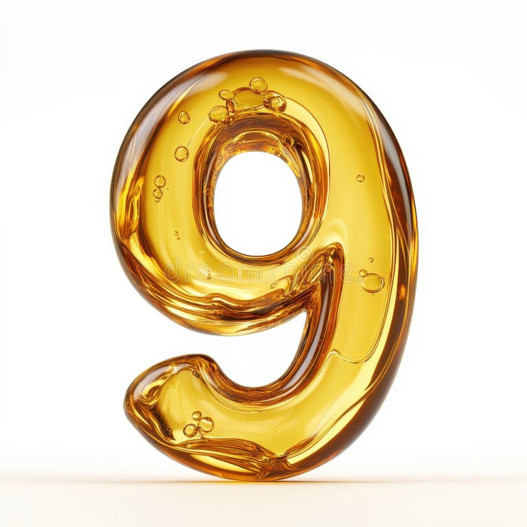 A Translucent, Amber-colored Number 9 with Bubbles, Resembling a Liquid ...