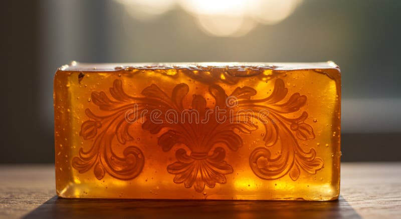 A Translucent Amber Soap Bar with Ornate, Embossed Floral Patterns on ...