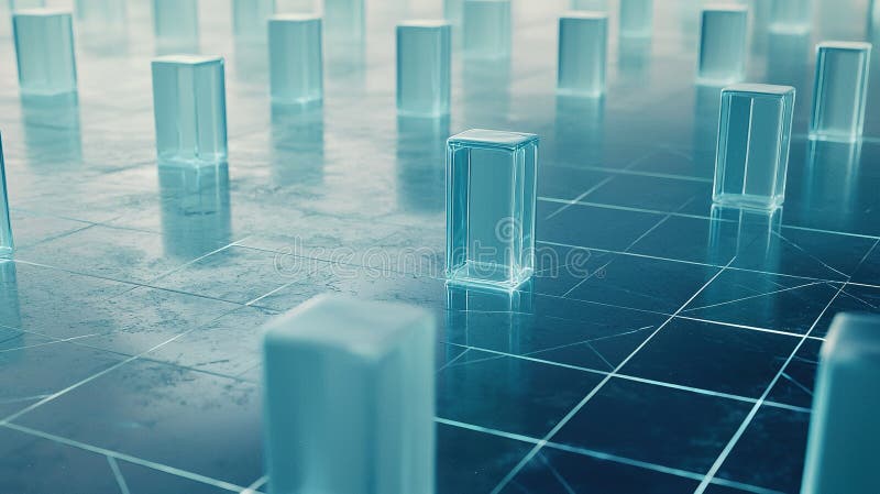 Translucent Blocks Arranged on a Digital Grid Surface in a Futuristic ...