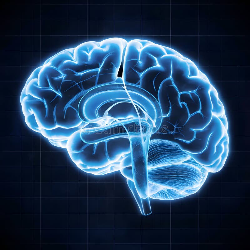 Translucent Blue Brain Against Dark Grid Background, Highlighted Neural ...
