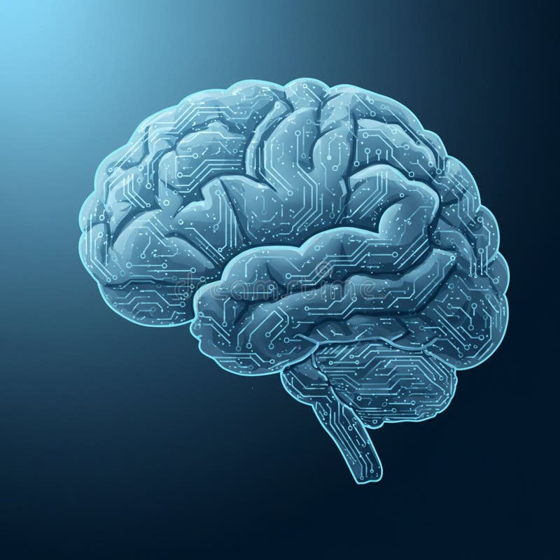 A Translucent Blue Brain with a Circuit Board Pattern, Representing the ...