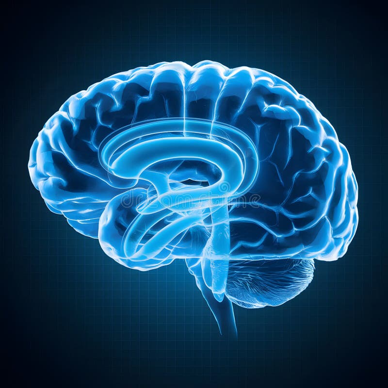 Translucent Blue Brain on Dark Grid Neural Pathways Highlighted Stock ...