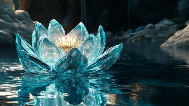 Translucent Blue Crystal Lotus Flower Floating Gently in Water Garden ...