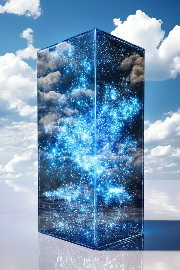 Translucent Blue Cube with Glowing Particles in Cloudy Sky Stock ...