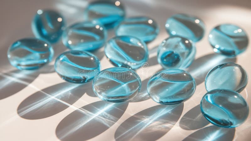 Translucent Blue Glass Stones Scattered on a Light Surface, Casting ...