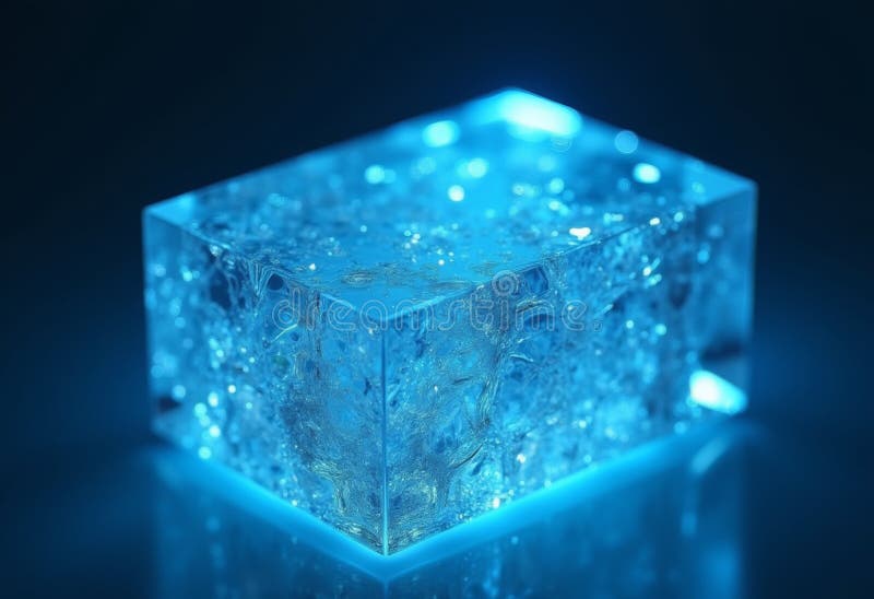 A Translucent Blue Rectangular Block with Bubbles Illuminated Against a ...