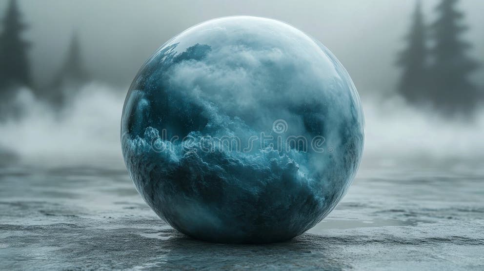 A Translucent Blue Sphere with Cloud-like Textures Resting on a Misty ...