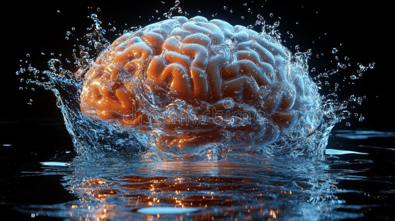 Translucent Brain Formed from Flowing Water Creating Ripples in a Dark ...