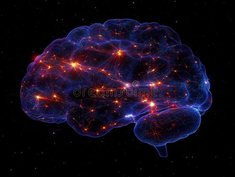 Translucent Brain Network, Glowing Nodes, Red Blue Electric Energy ...