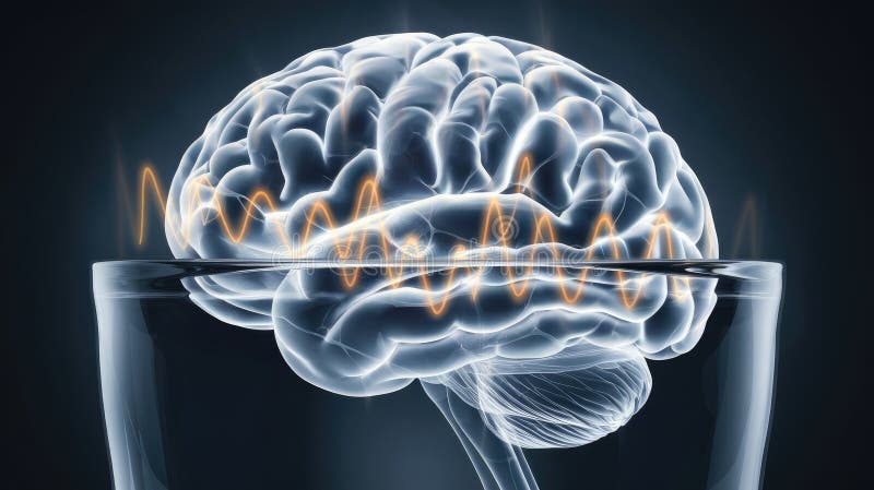 Translucent Brain Resting in a Glass with Brain Activity Waves Above ...