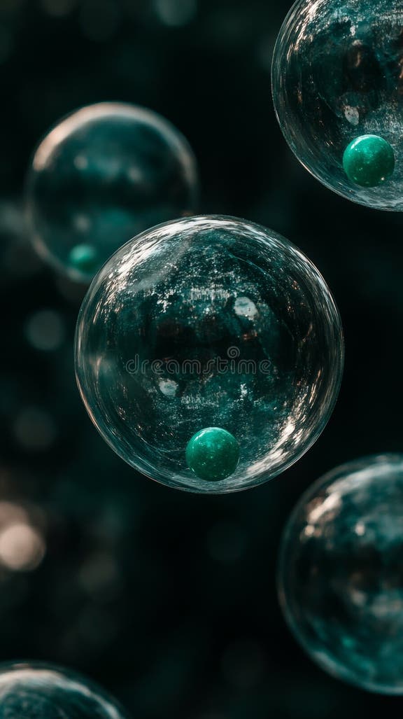 Translucent Bubbles Filled with Green Particles Hover in a Dark Setting ...