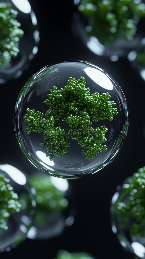 Translucent Bubbles Filled with Green Particles Hover in a Dark Setting ...