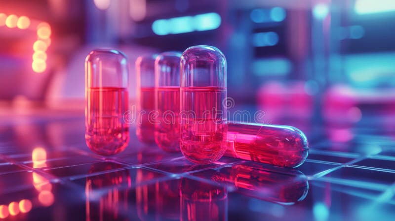 Translucent Capsules Filled with Pink Liquid in Laboratory Setting ...