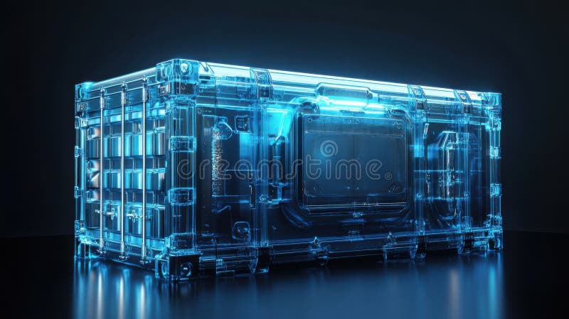 Translucent Container with Glowing Blue Light. Freight Box with ...