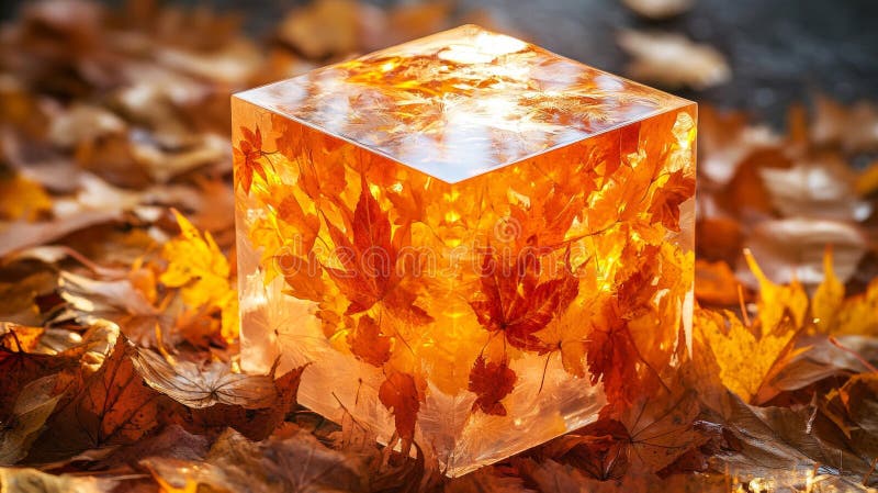 Translucent Cube with Autumn Leaves Resin Art Stock Illustration ...