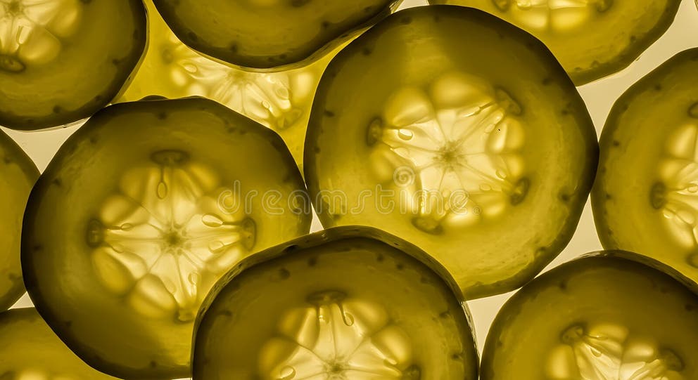 Translucent Cucumber Slices Arranged Closely, Revealing Their Internal ...