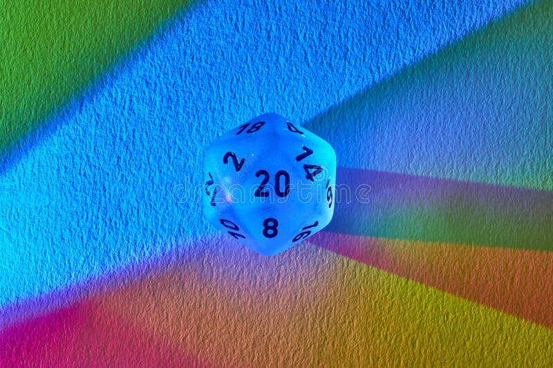 Translucent D20 Die with Rainbow Prism Effect and Eye-Level Perspective ...