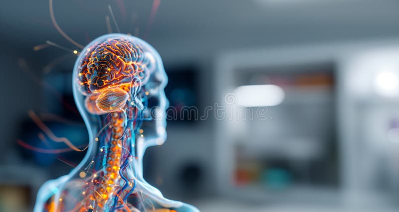 Translucent 3D Rendering of a Human Head and Upper Torso Emphasizing ...