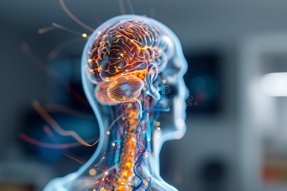 Translucent 3D Rendering of a Human Head and Upper Torso Emphasizing ...