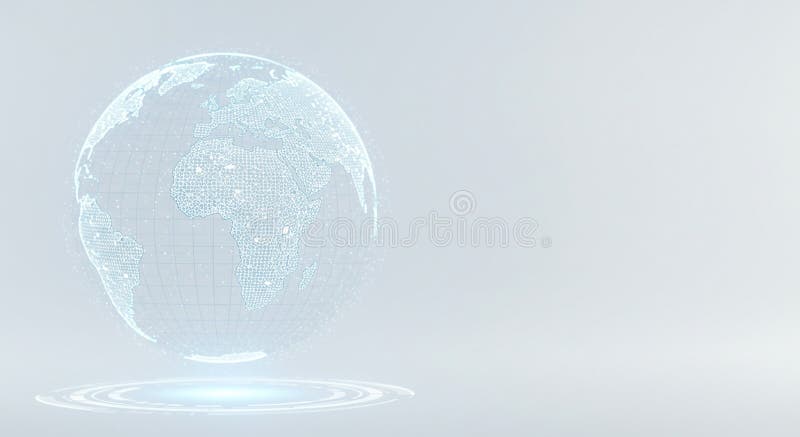 A Translucent Digital Globe Hovering Above a Circular Platform Emits a ...