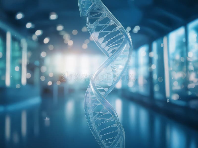 A Translucent DNA Double Helix Floats in a Blurred, Modern Laboratory ...
