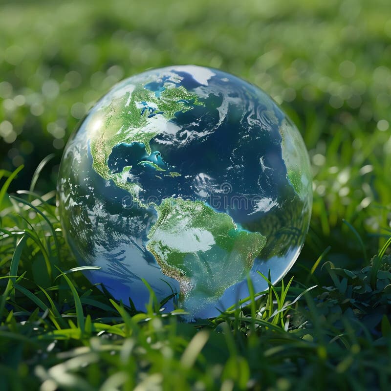 A Translucent Earth Globe Sits on a Bed of Lush Green Grass ...