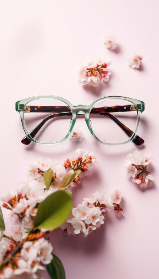 Translucent Frame of Glasses of Square Shape on the Table and Flowers ...