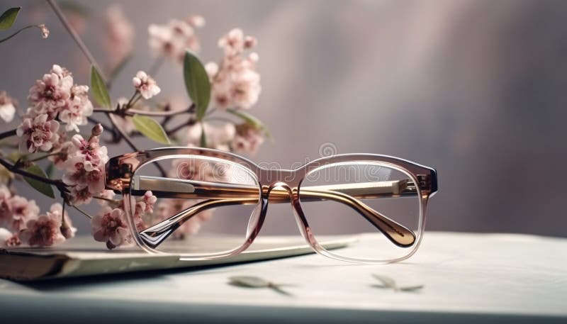 Translucent Frame of Glasses of Square Shape on the Table and Flowers ...