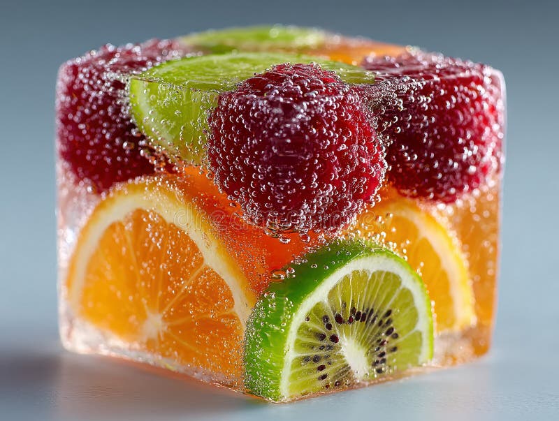 Translucent Gel Cube Containing Mixed Fruit Slices Raspberry, Lemon ...