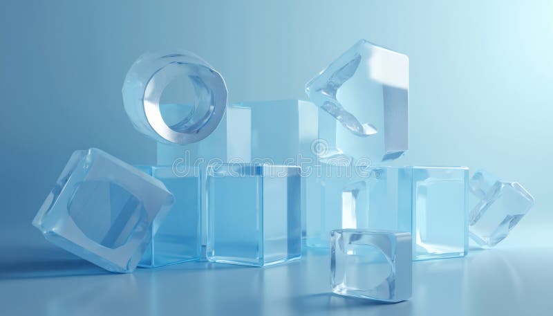 Translucent Geometric Shapes in Ice Blue Gradient Background. 3D Render ...