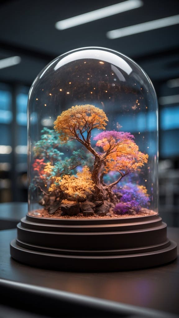 A Translucent Glass Dome in a High-tech Lab with a Central Display Case ...