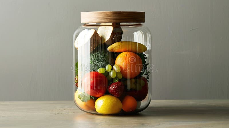 A Translucent Glass Food Container with Wooden Cap, with Fruit and ...