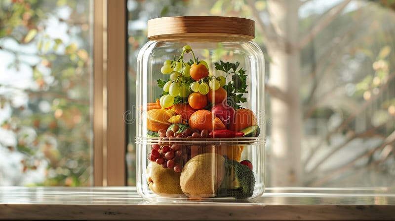 A Translucent Glass Food Container with Wooden Cap, with Fruit and ...