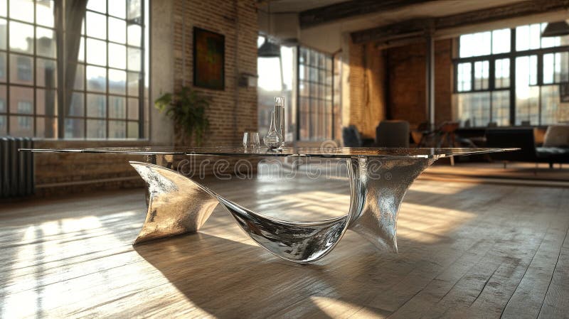 A Translucent Glass Table with Abstract Metallic Legs, Set in an Open ...