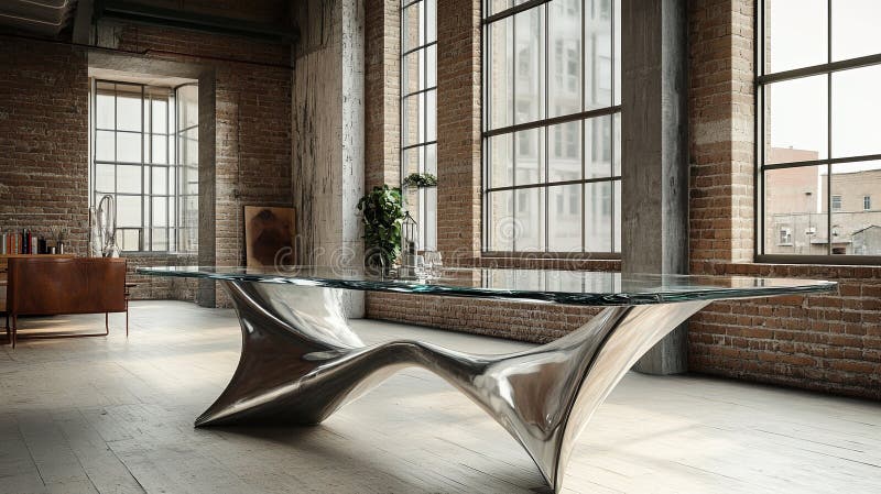 A Translucent Glass Table with Abstract Metallic Legs, Set in an Open ...