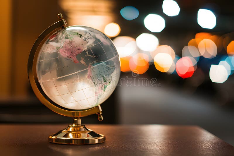 Translucent Globe on Golden Stand with Warm Backdrop and Bokeh Lights ...
