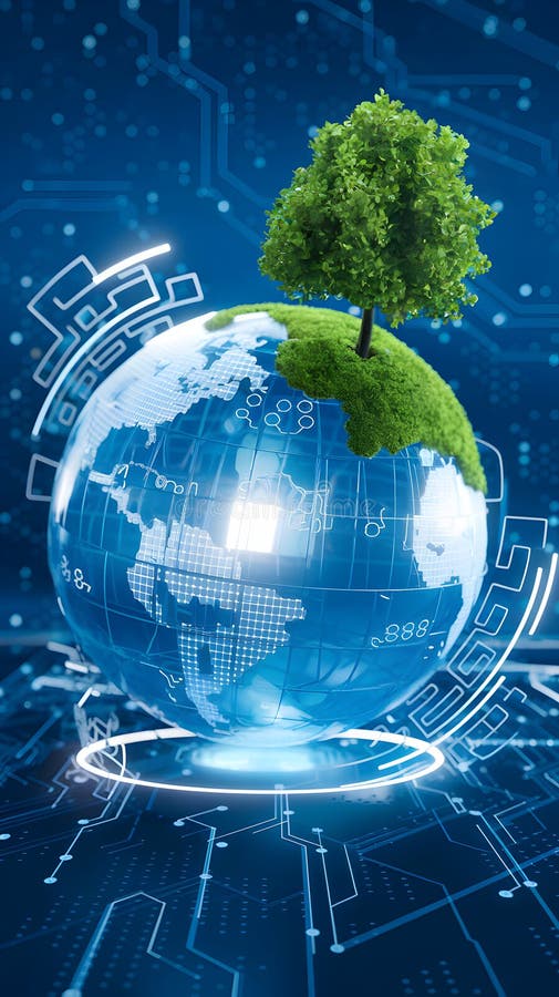 Translucent Globe with Tree Amid Digital Circuitry, Symbolizing Nature ...