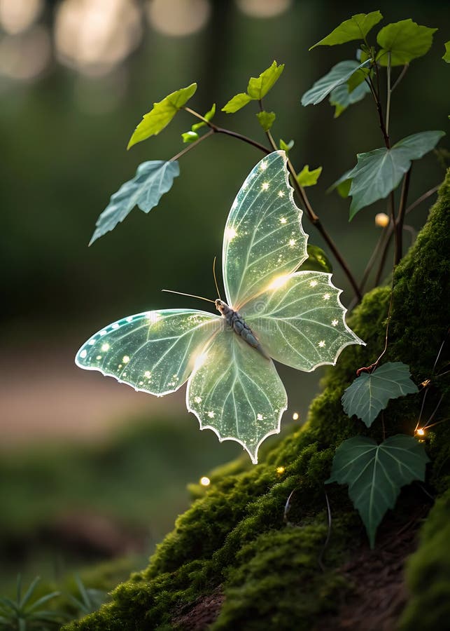 Translucent Glowing Butterfly with Leafy Wings in a Forest Setting ...