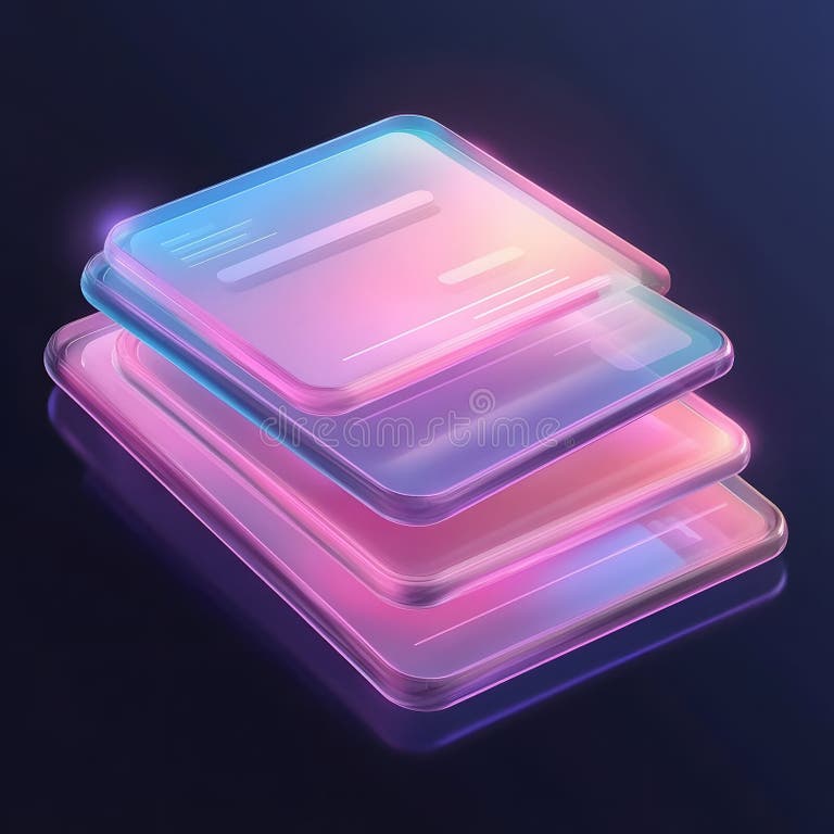 Translucent Glowing Pastel Digital Documents Stack on Dark Background Stock Illustration ...